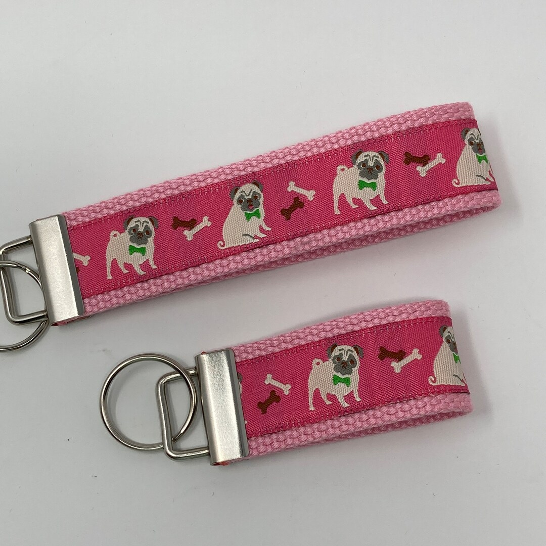 Fawn Pug on Pink Jacquard Ribbon Key Fob Wristlet Keychain Keyring ...