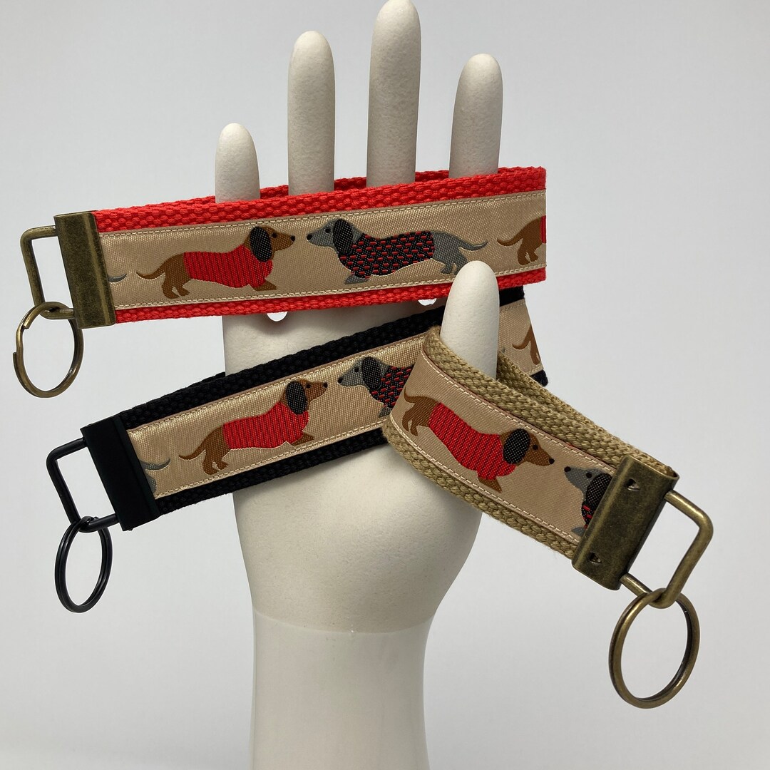 Dachshunds in Coats Jacquard Ribbon Key Fob Wristlet Keychain Keyring ...