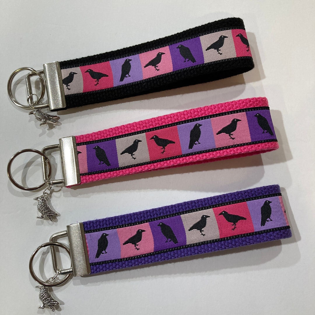 Crow Raven on Tones of Pink Jacquard Ribbon Key Fob Wristlet Keychain ...