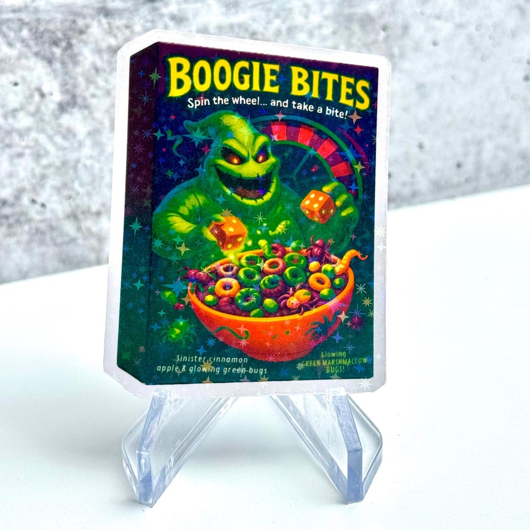 Boogie Bites Holographic Sticker – Oogie Boogie Cereal Box Parody ...