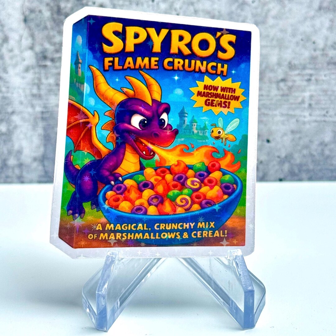 Holographic Spyro’s Flame Crunch Sticker | Retro Cereal Box Art ...