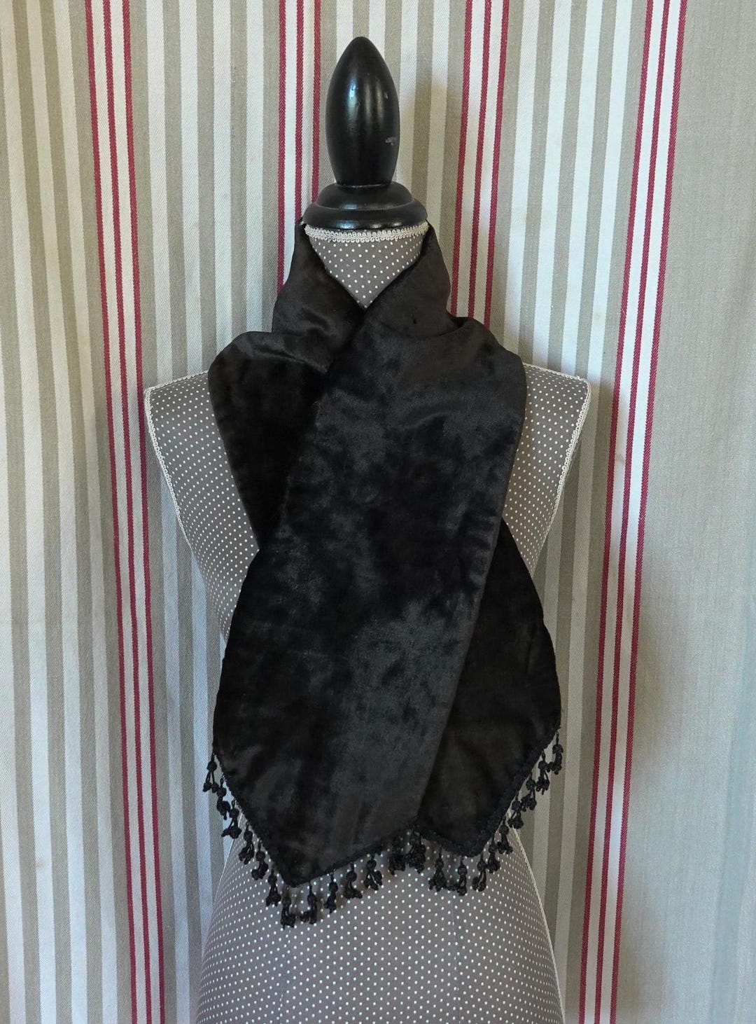 Antique Mourning Scarf/nearly Black Velvet Tippet With Knotted Fringe ...