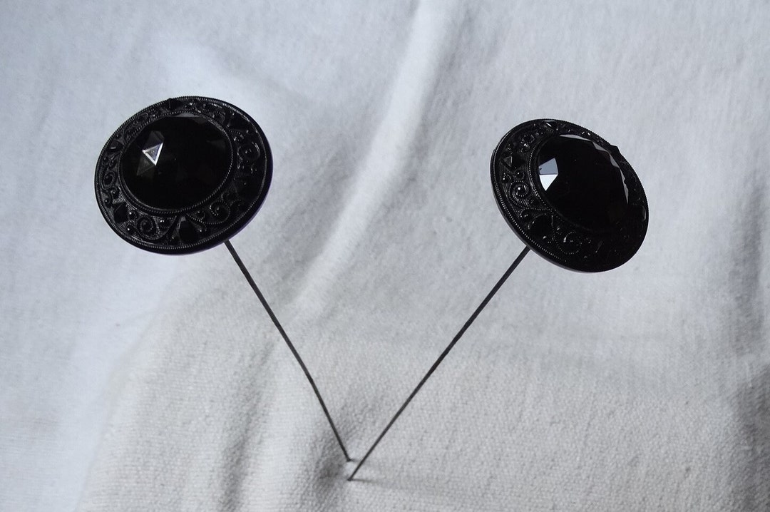 Pair Antique Lacy Glass Hatpins/victorian Hat Pins/two Black Lacy Glass ...