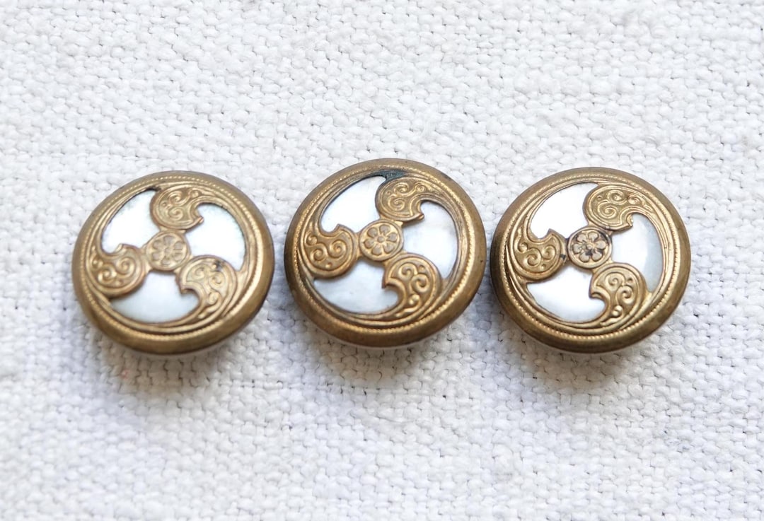 3 Brass & Shell Buttons/antique Shell Buttons 22mm/decorative Nacre ...