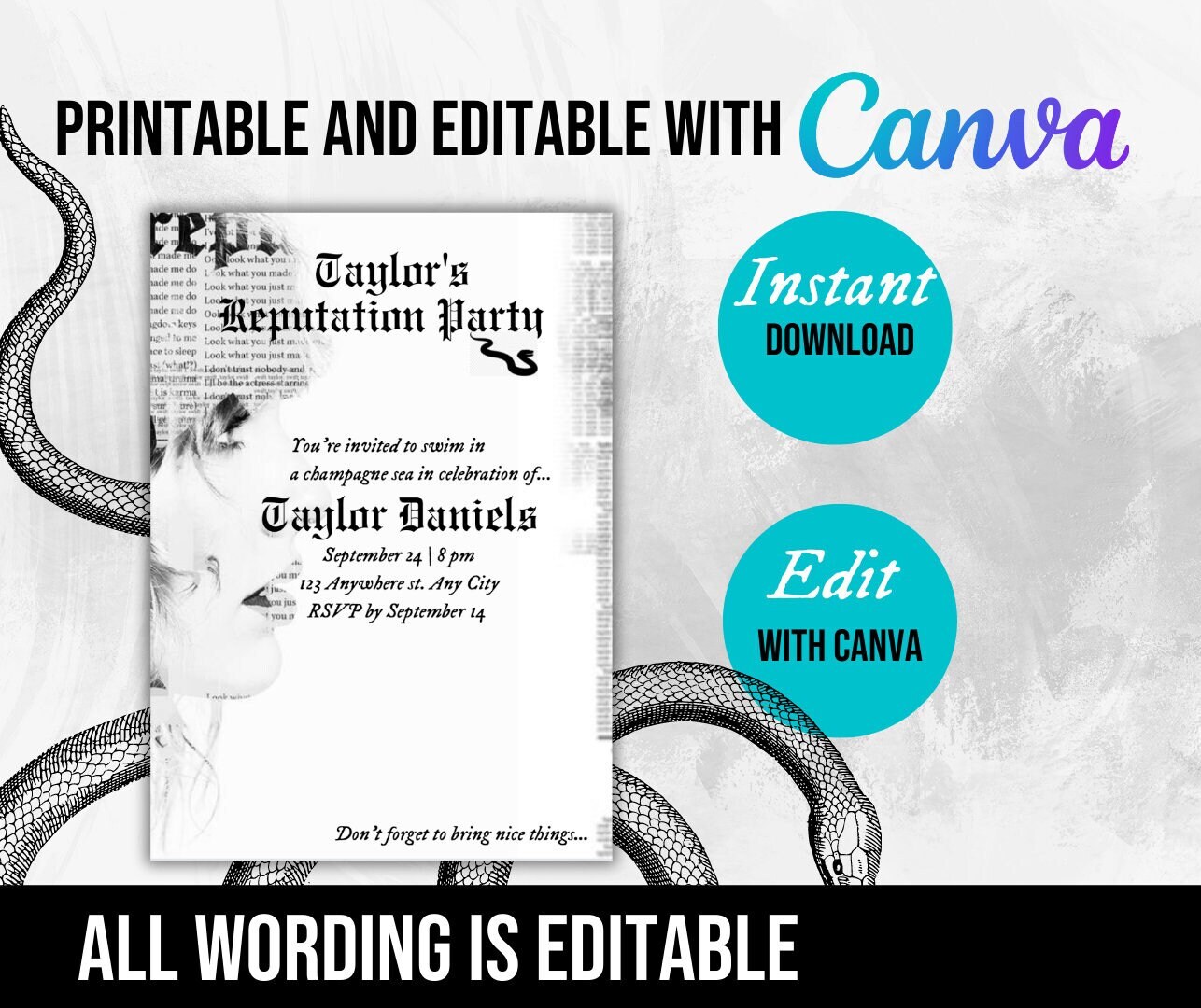 Taylor Swift Reputation Party Invite - Canva Digital Download - Etsy