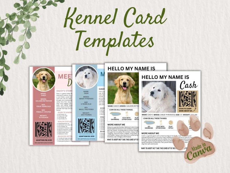Editable Kennel Card Template | Printable Dog Adoption Card | Digital ...