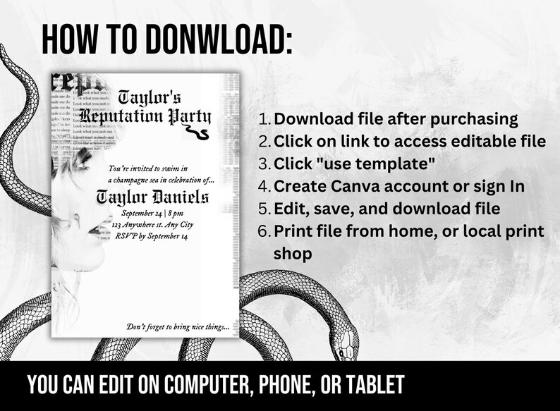 Taylor Swift Reputation Party Invite - Canva Digital Download - Etsy