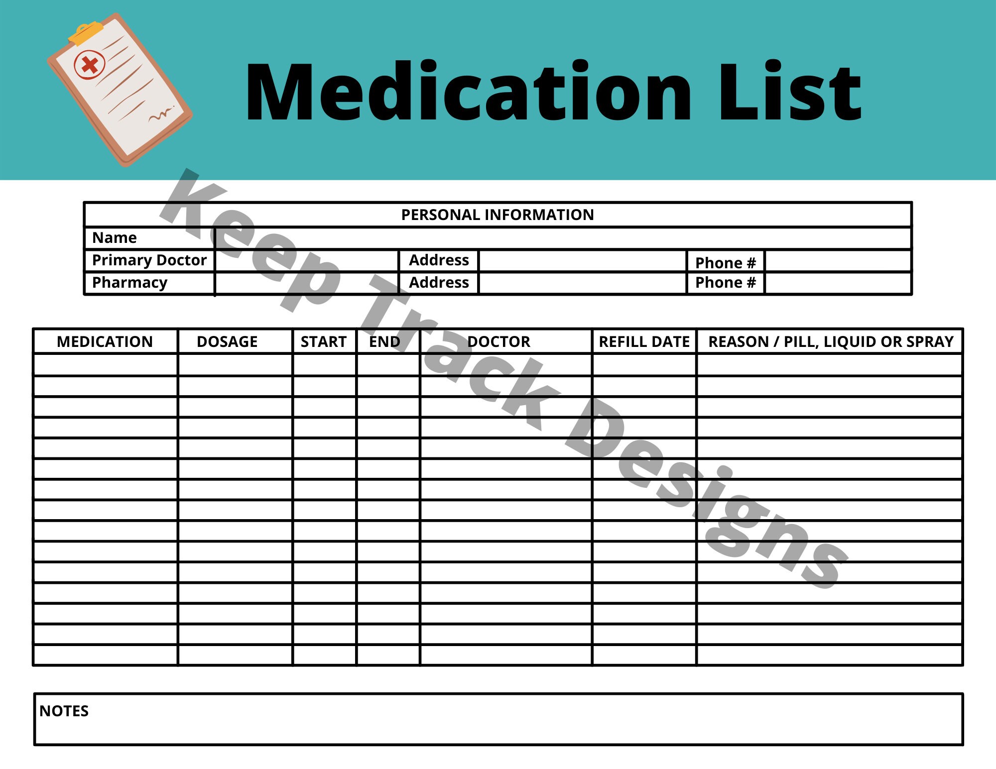 Medication Rx List Organizer | Medicine Planner | Supplement Chart ...