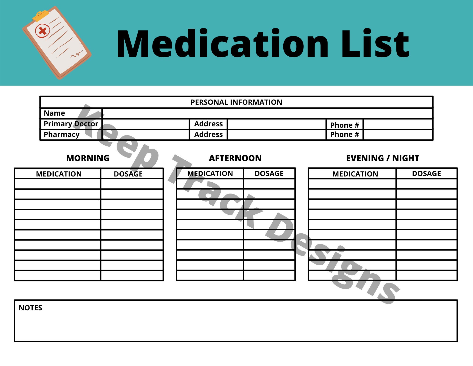 Medication Rx List Organizer | Medicine Planner | Supplement Chart ...