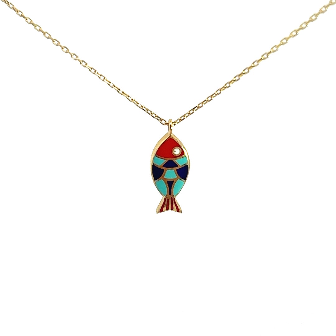 14K Solid Gold Fish Necklace Minimalist Colorful Fish Pendant Animal ...
