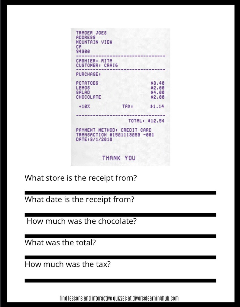 Receipts - Math Distance Learning Worksheets for Special Education Unit ...