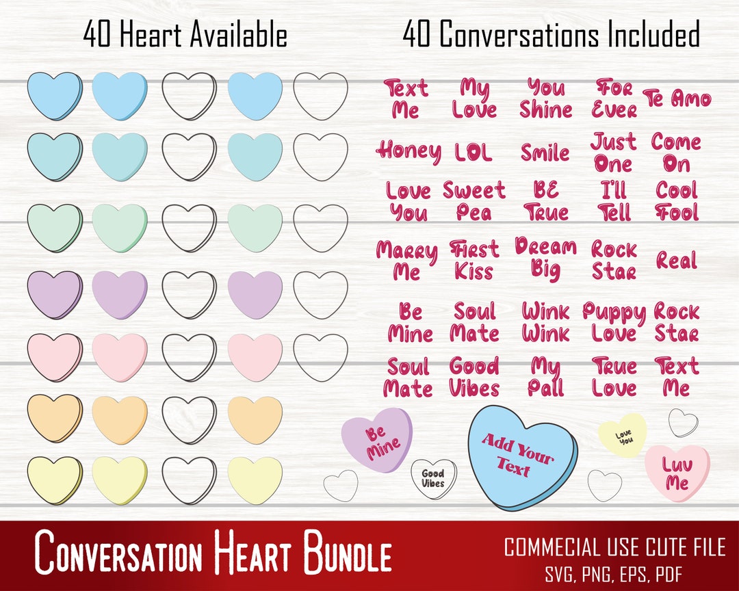 Conversation Hearts SVG PNG BUNDLE Vol1, Retro Valentine Svg, Valentine ...