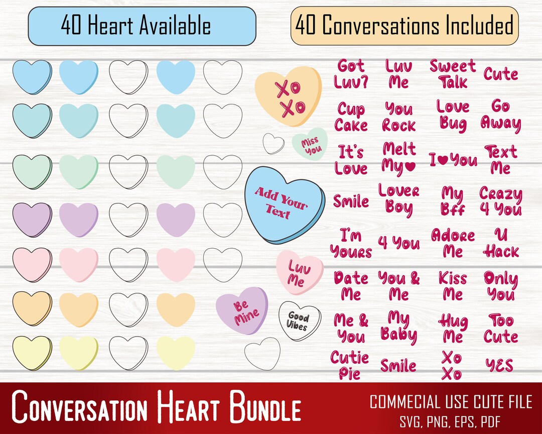 Conversation Hearts SVG PNG BUNDLE Vol2, Retro Valentine Svg, Valentine ...