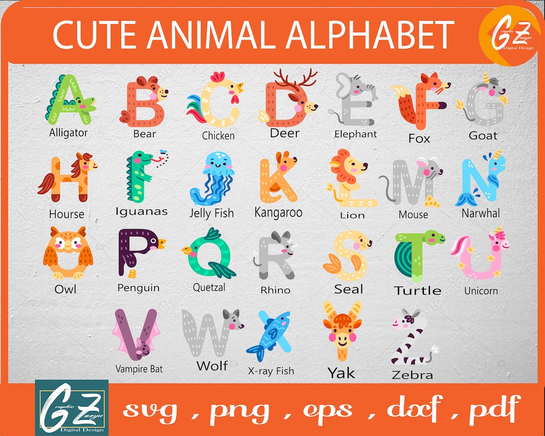 Cute Animals Alphabet Svg, Animal Alphabet Bundle Svg, A-Z Animals Svg ...