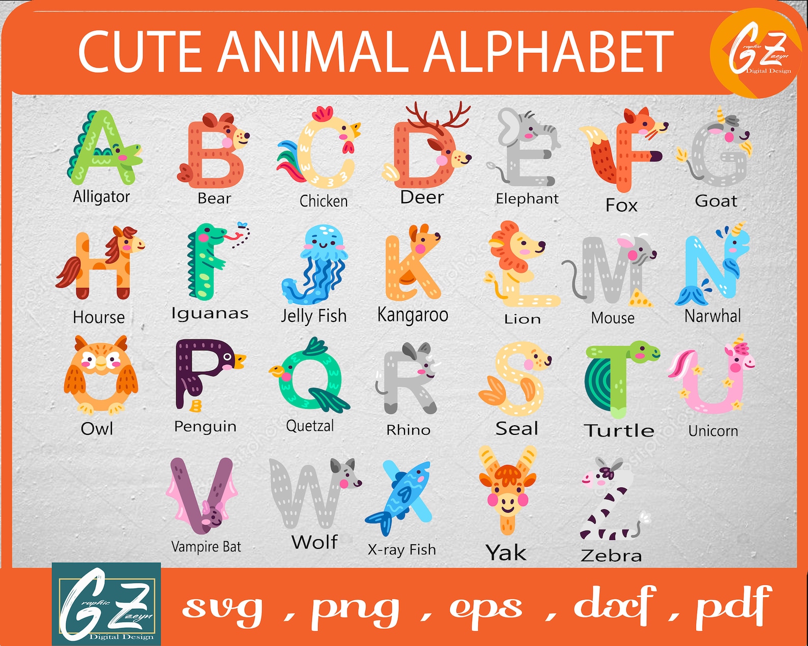 Cute Animals Alphabet Svg, Animal Alphabet Bundle Svg, A-Z Animals Svg ...