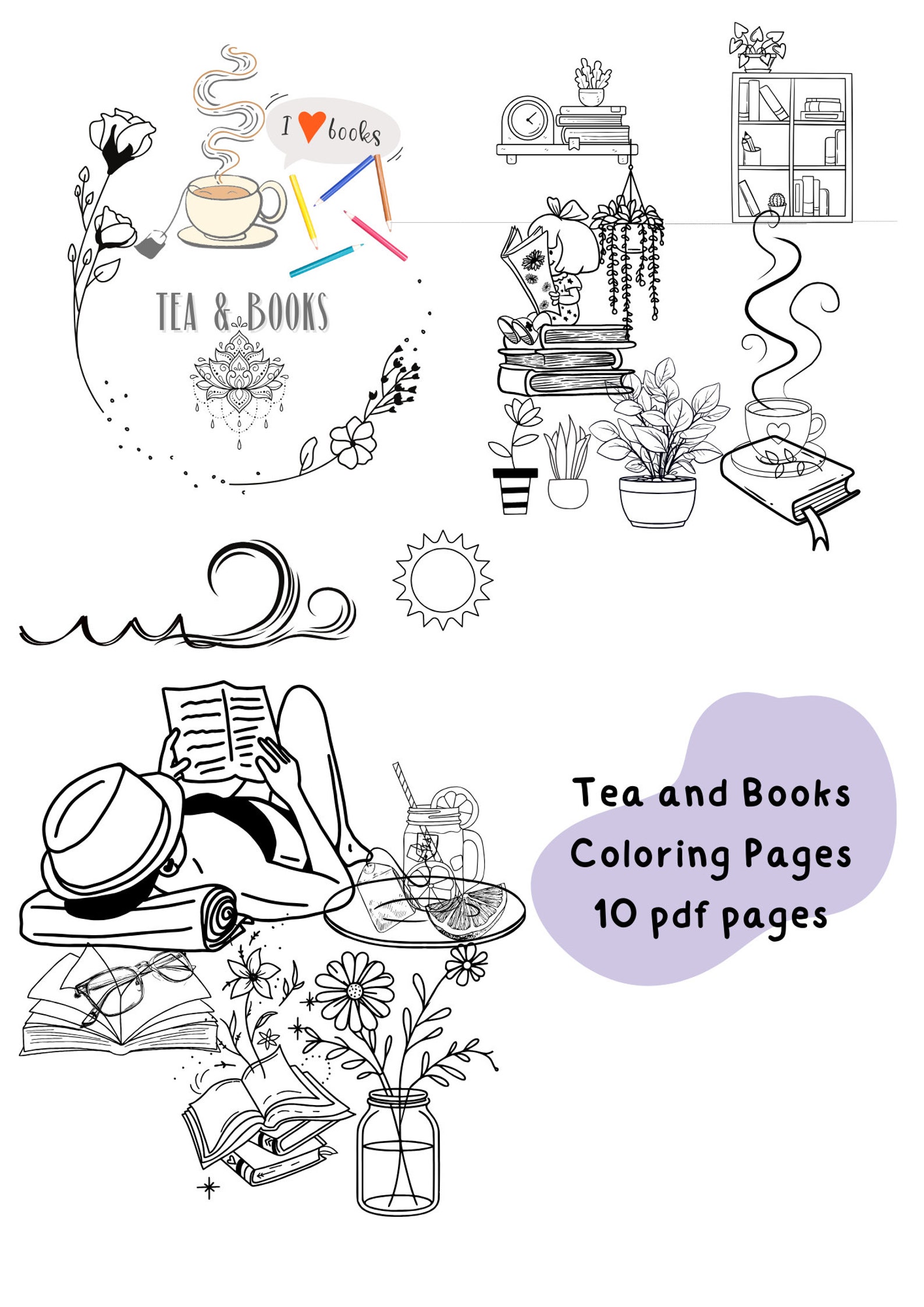 TEA & BOOK Coloring Pages 10 Pdf to Relax, Unwind and Enjoy Your Tea - Etsy