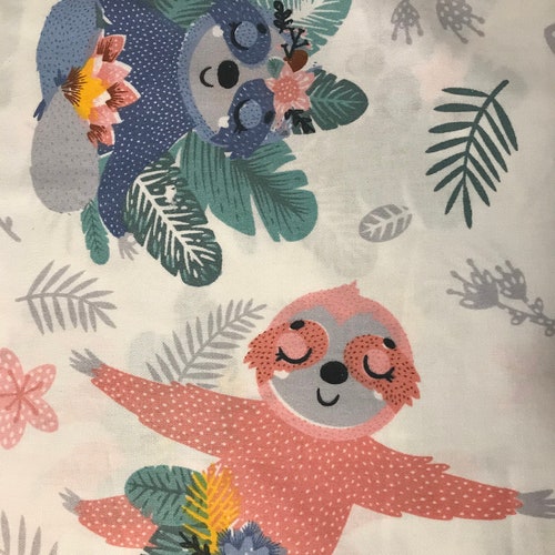 Lovable Sloth Fabric by the Yard / Cute Floral Animal Fabric / | Etsy
