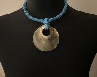 Blue Beaded Oyster Shell Necklace - Etsy