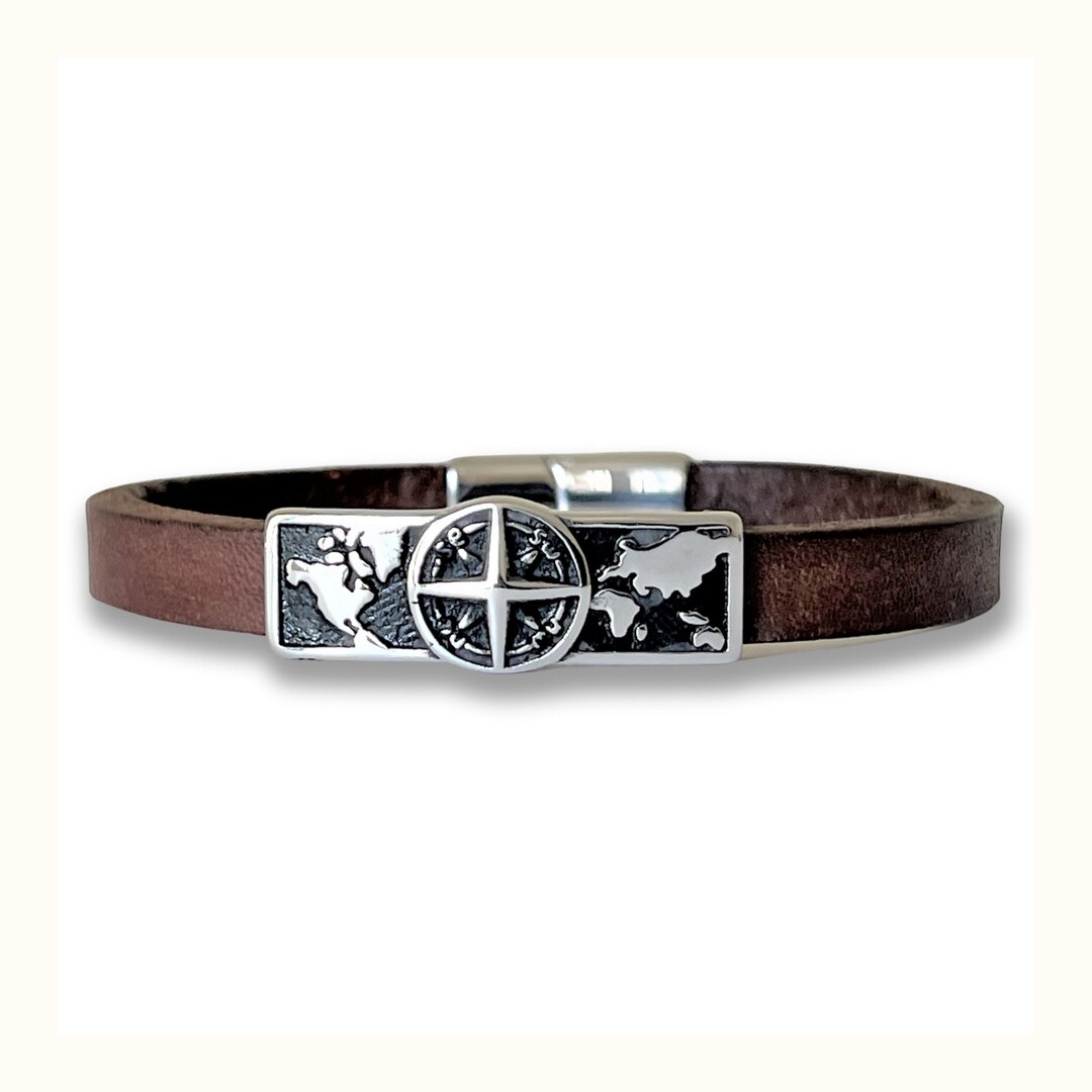 Leather Compass Bracelet for Men and Women With Strong Stainless Steel ...
