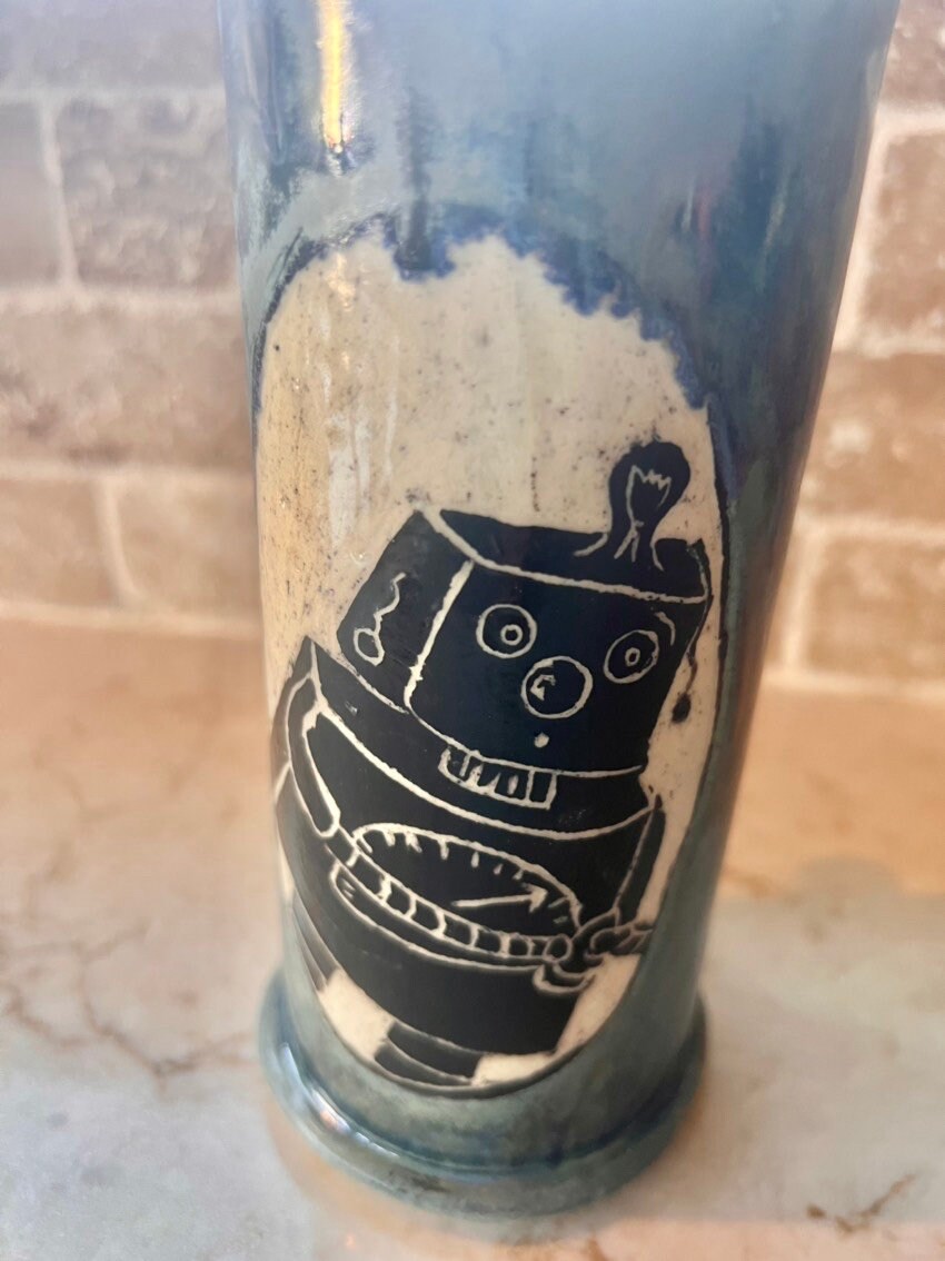 Handmade Robot Pottery Mug: Sgraffito Carved Stoneware Cup With Bamboo ...