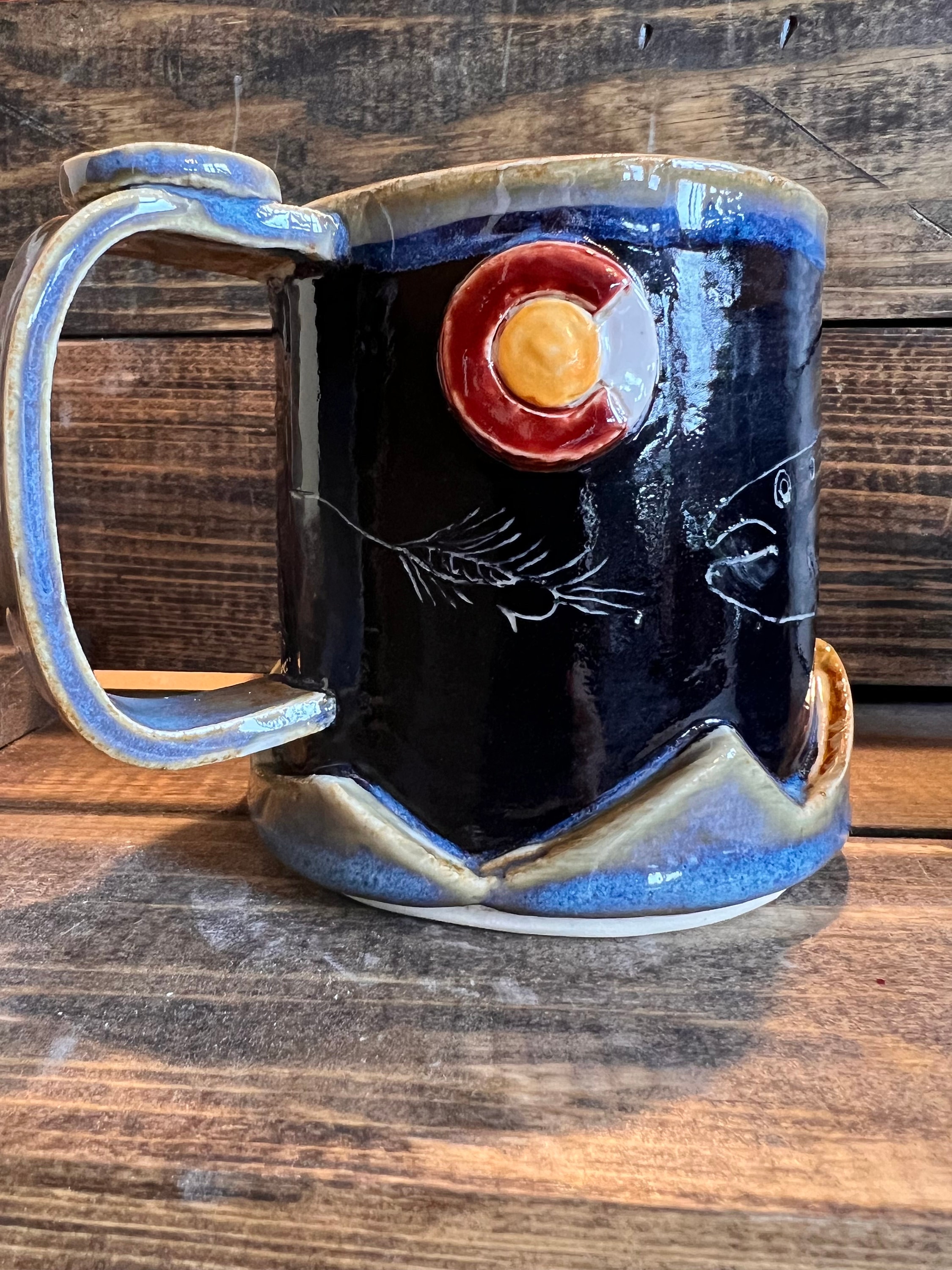 Colorado Flag Rainbow Trout and Fly Mug design 2, Hand Carved Sgraffito ...