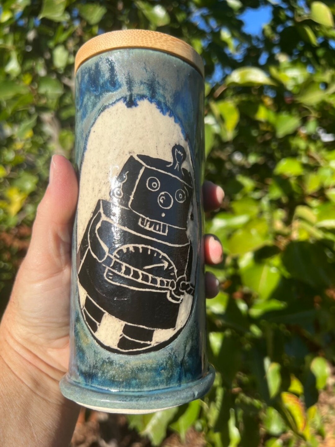 Handmade Robot Pottery Mug: Sgraffito Carved Stoneware Cup With Bamboo ...