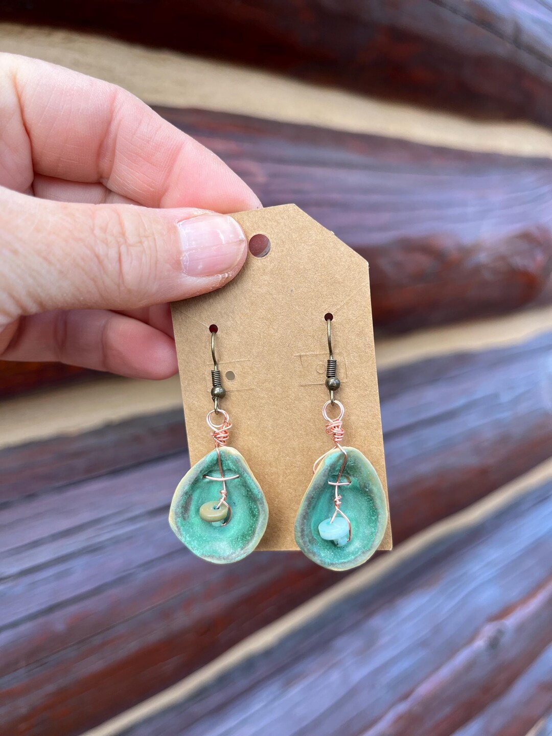Handmade Green Patina Pottery Earrings With Copper Wire and Bead ...