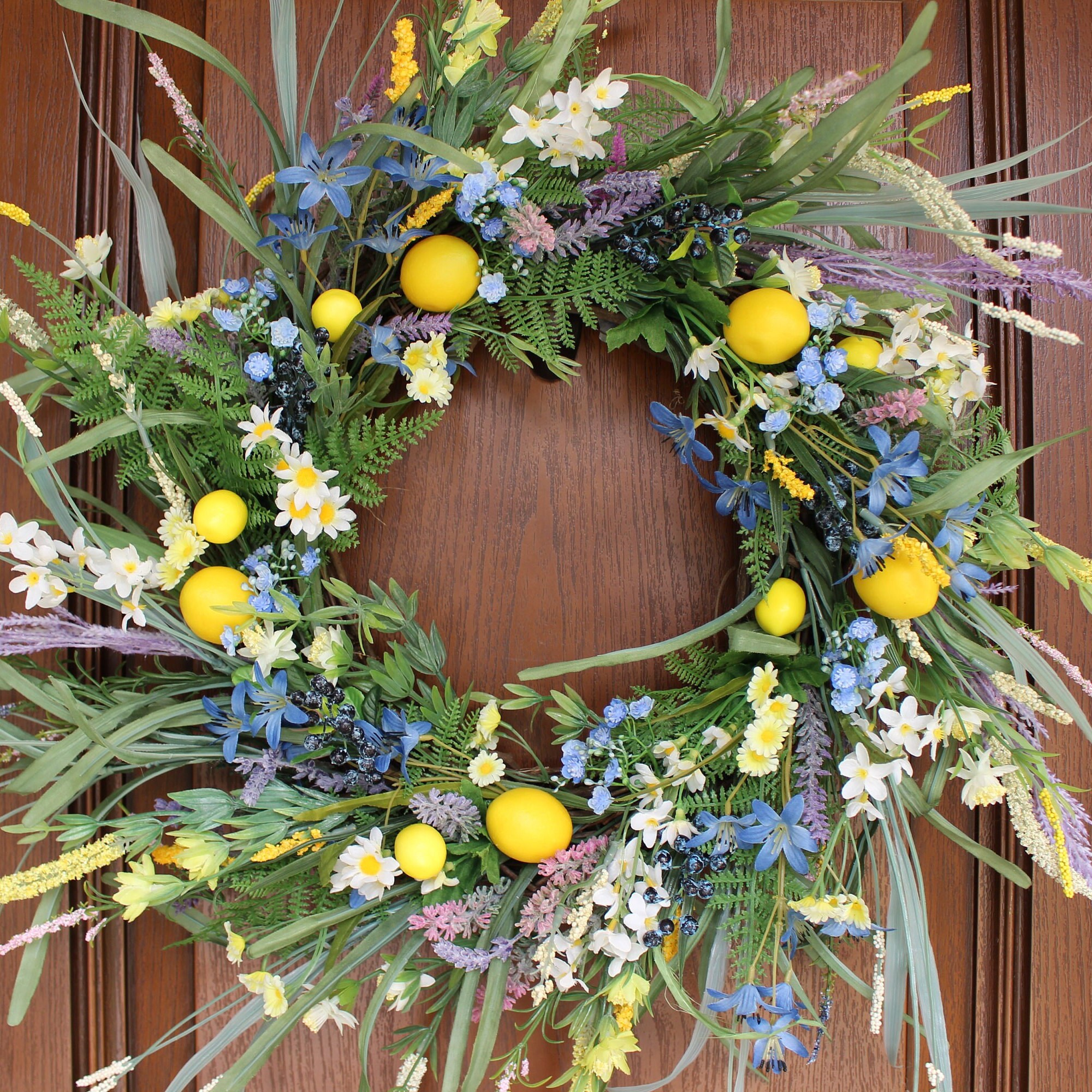 Vibrant Yellow & Blue Lemon and Blueberry Wispy Greens Wreath - Etsy