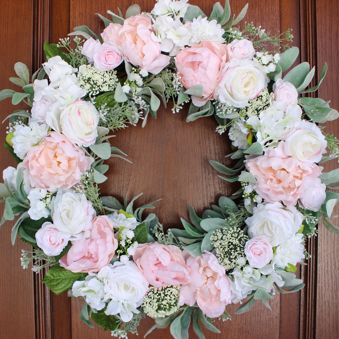 Blush Pink Peony & White Rose Wreath With Lambs Ear, Roses, Marigolds ...