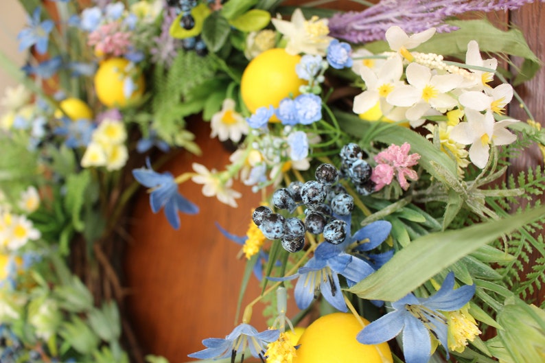 Vibrant Yellow & Blue Lemon and Blueberry Wispy Greens Wreath - Etsy
