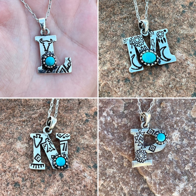 Stamped Turquoise Initial Necklace - Etsy