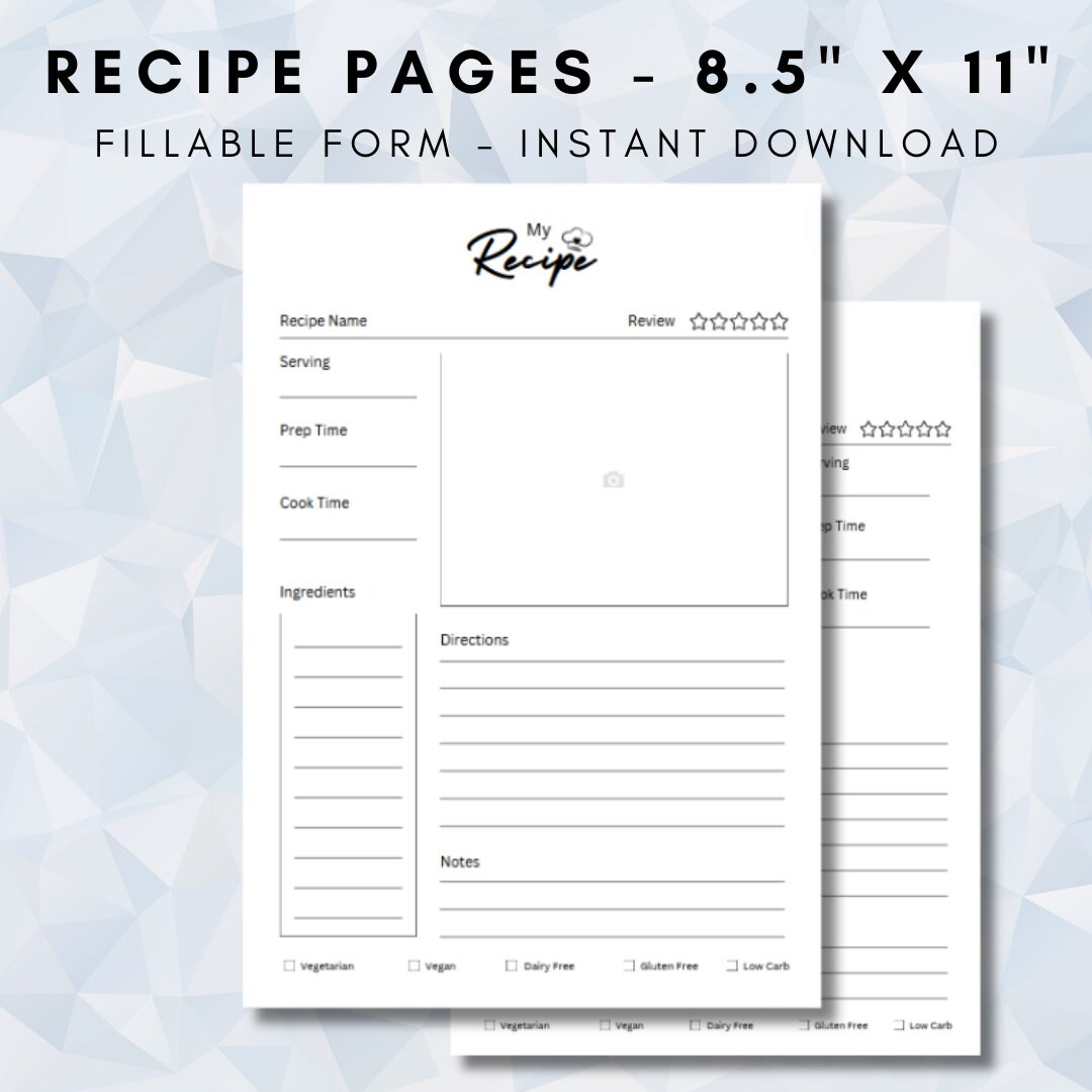 Printable 8.5" X 11" Recipe Page With Minimalist Design, Fillable Form ...