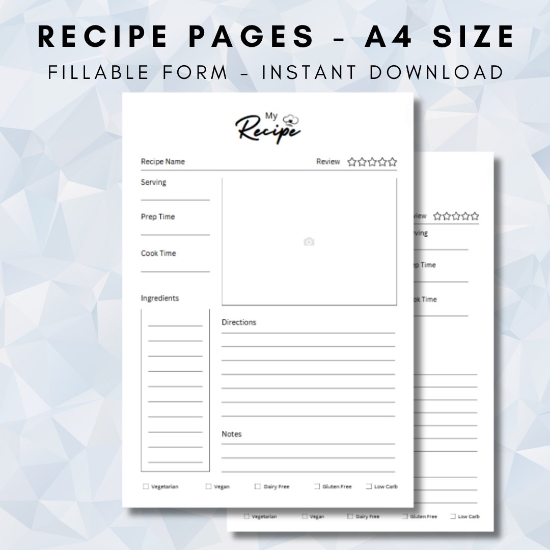 Printable A4 Size Recipe Page With Minimalist Design, Fillable Form ...