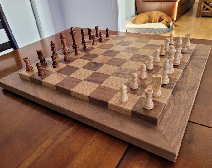 Wood Chess Set Raised Board Solid Walnut and White Oak Large Hand Made ...