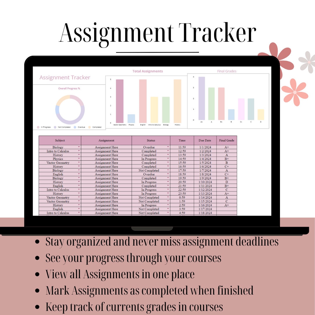 Assignment Tracker School Spreadsheet Excel Workbook Google Sheets ...