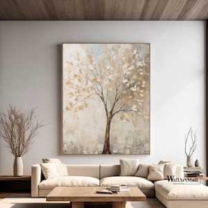 Beige Textured Abstract Painting Tree Landscape Painting Light Brown ...