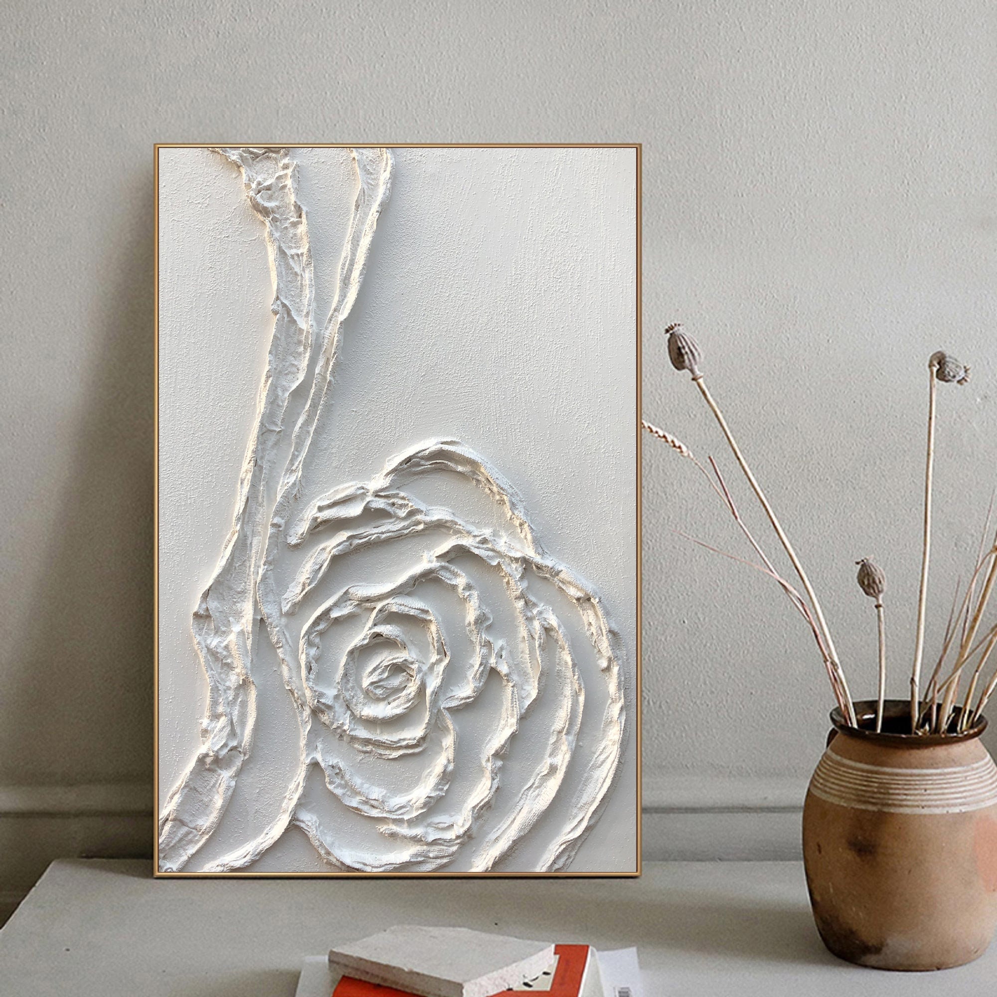 White Minimalist 3D Texture Abstract Painting Large Abstract Flower ...