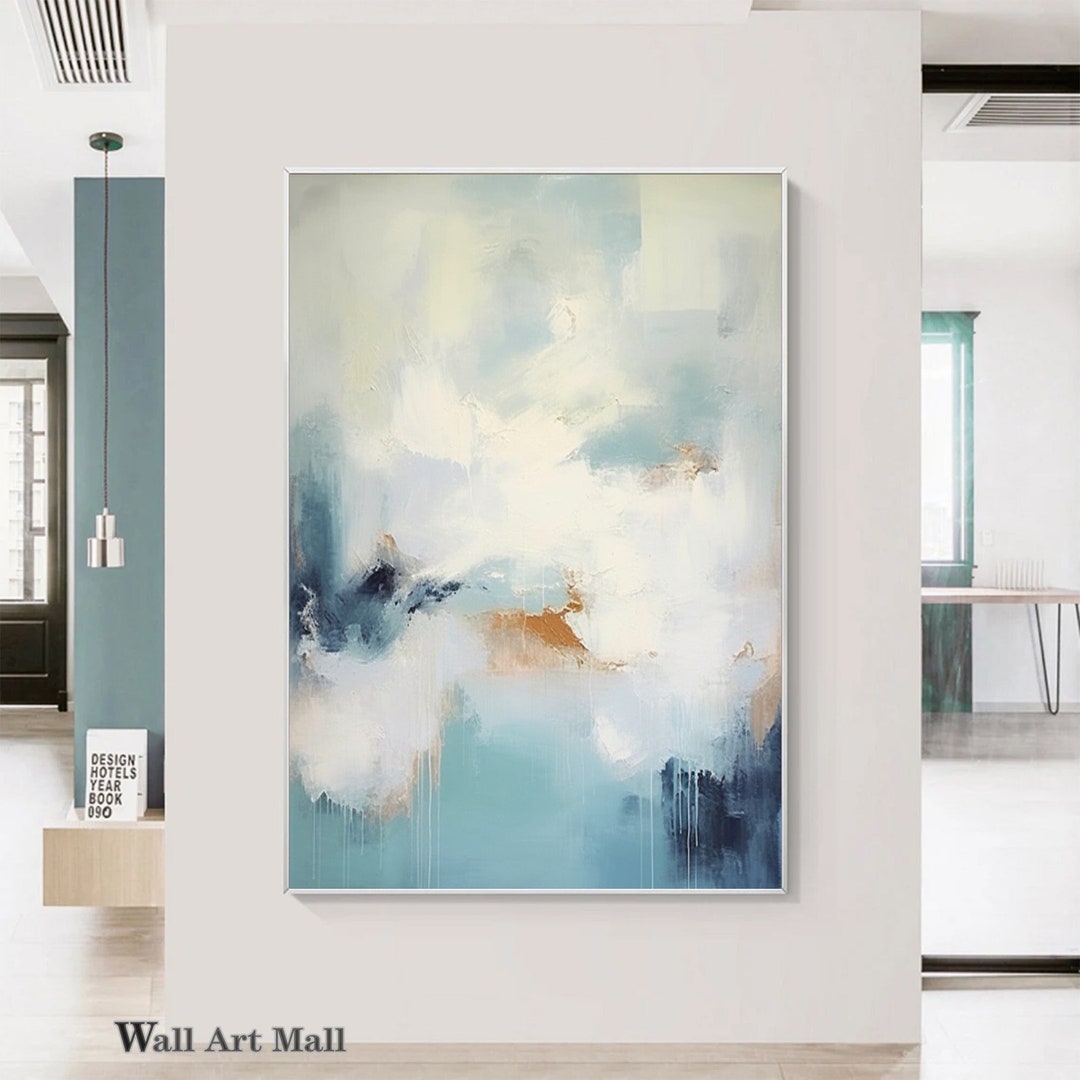 Neutral Blue Abstract Wall Art Blue and Beige Abstract Painting Large ...