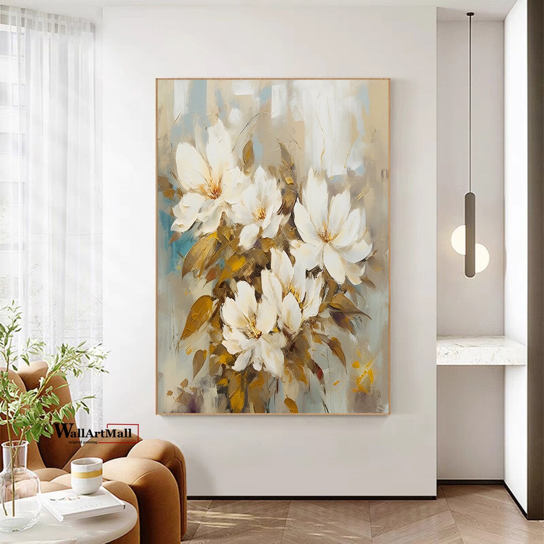 Blooming Abstract Flower Painting Large Beige Abstract Flower Painting ...