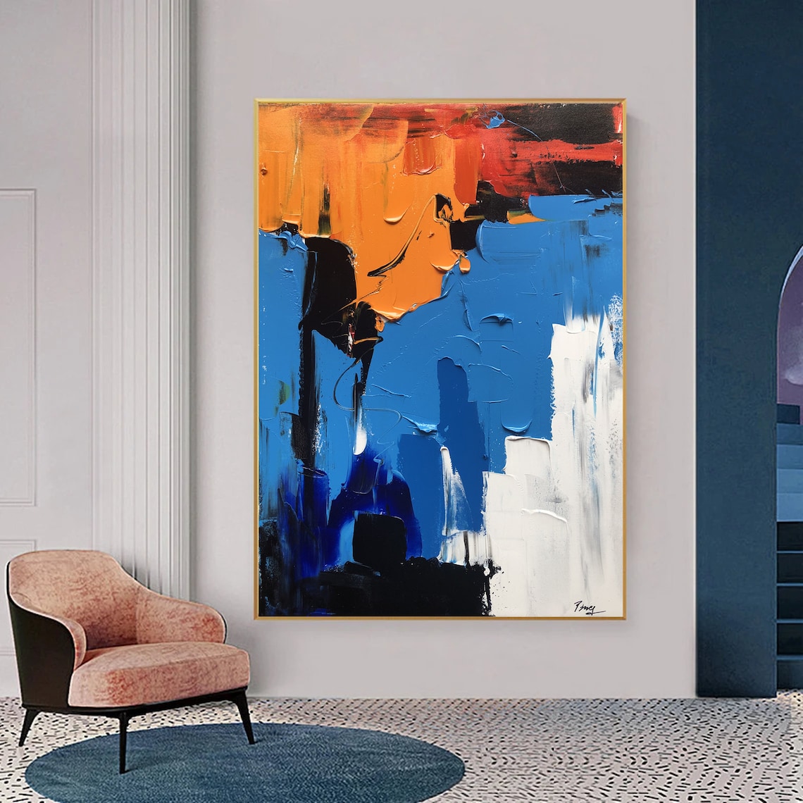 Blue and Orange Abstract Painting Blue Textured Painting White - Etsy
