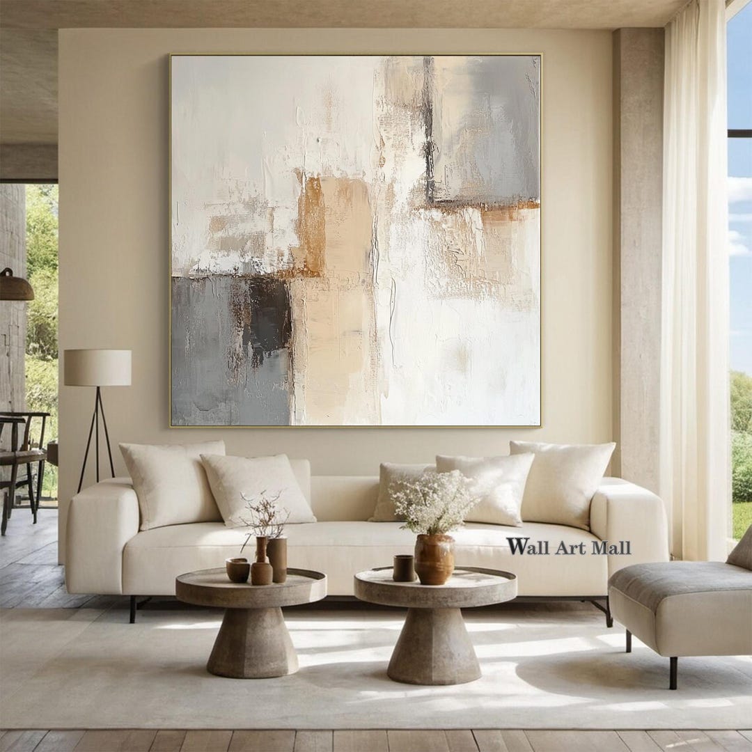 Large Grey and Beige Abstract Canvas Painting Beige Textured Minimalist ...