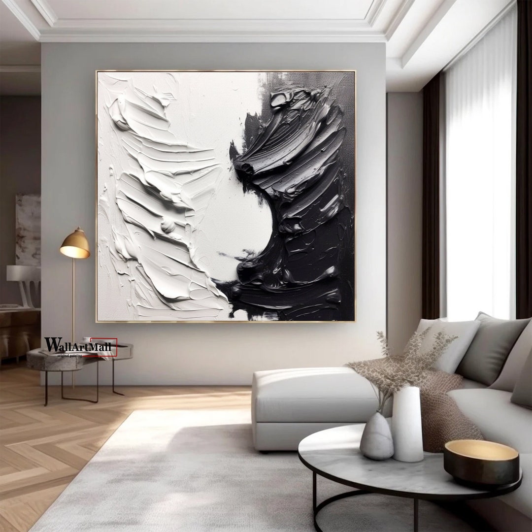 Black and White 3D Textured Abstract Painting Large Minimalist Textured ...