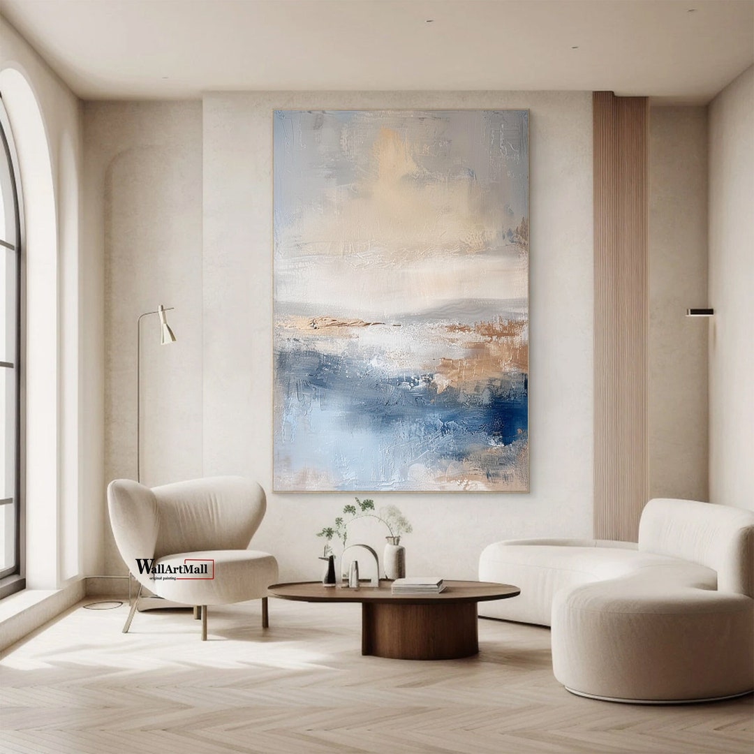 Large Blue Canvas Minimalist Painting Blue and Beige Abstract Wall Art ...