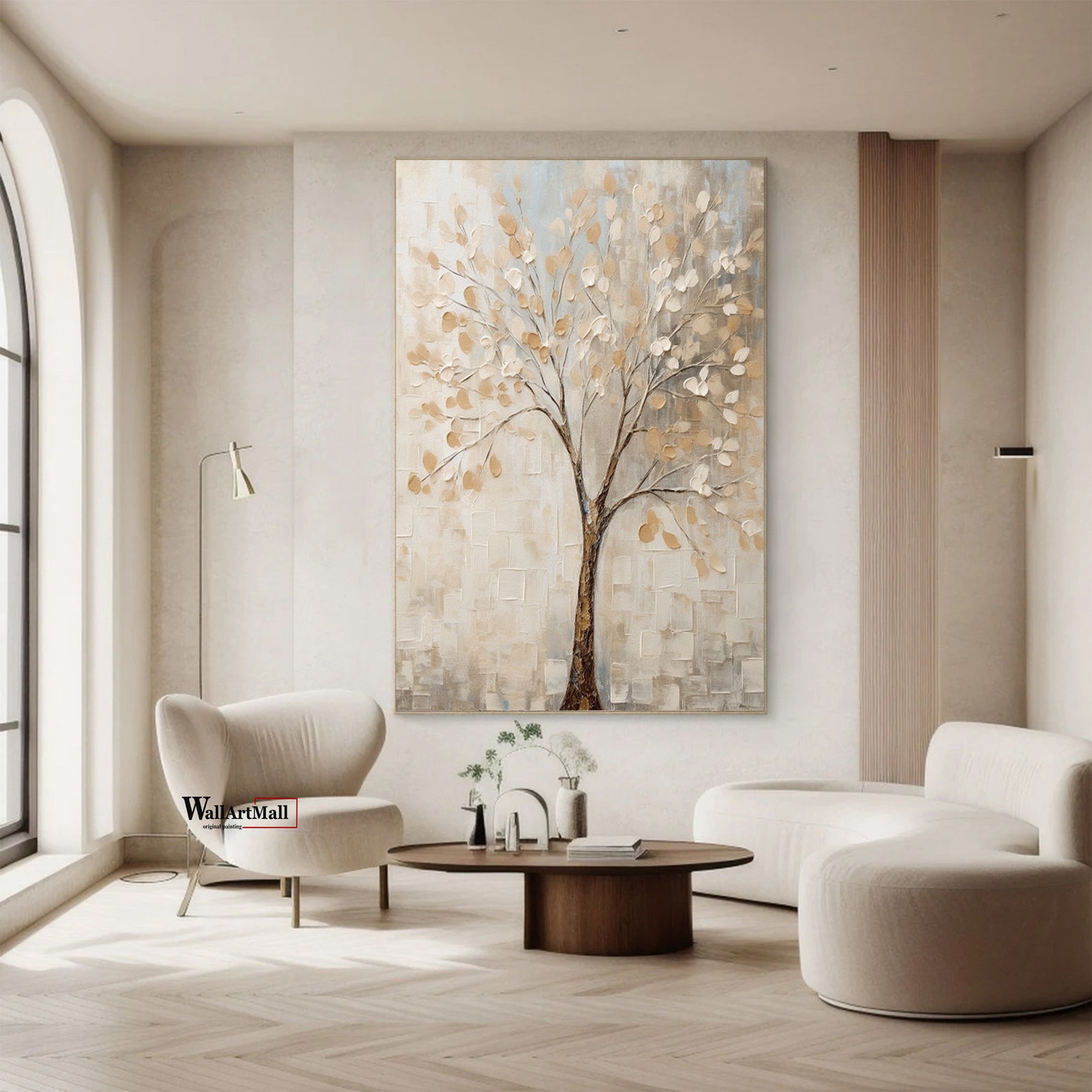 Beige Textured Abstract Painting Tree Landscape Painting Light Brown ...