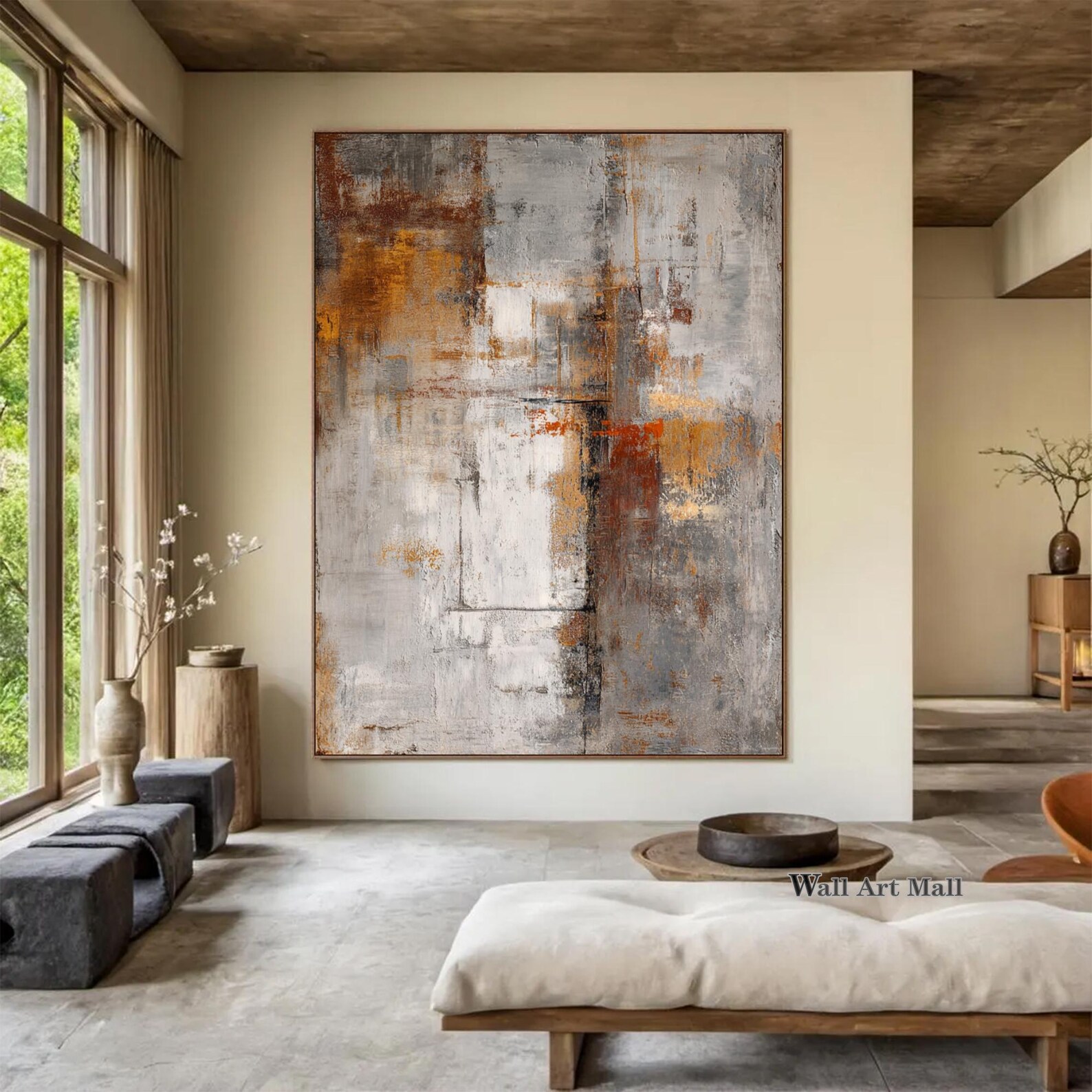 Large Tan Minimalist Wabi-sabi Painting Gray Texture Abstract Oil ...