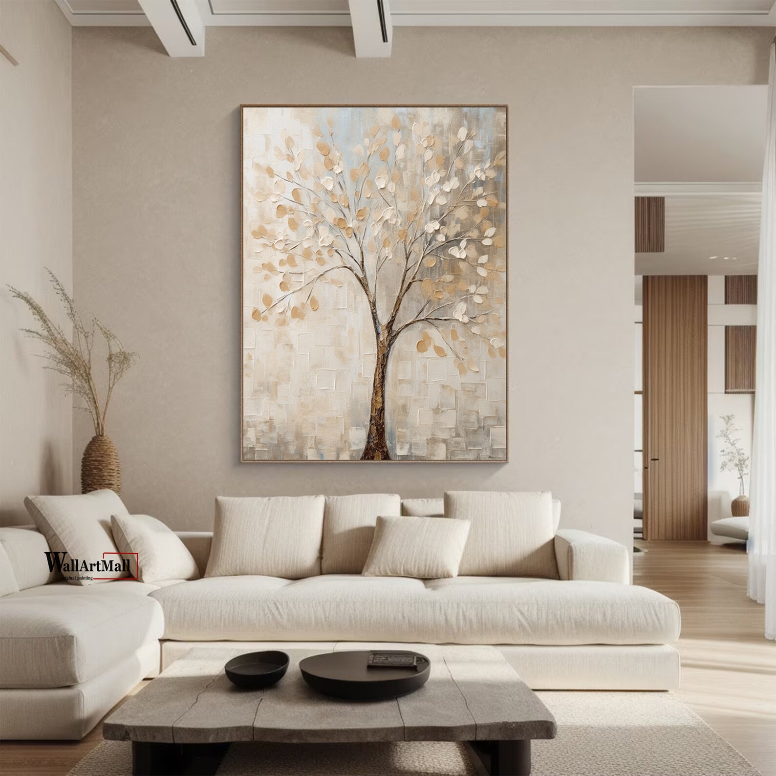 Beige Textured Abstract Painting Tree Landscape Painting Light Brown ...