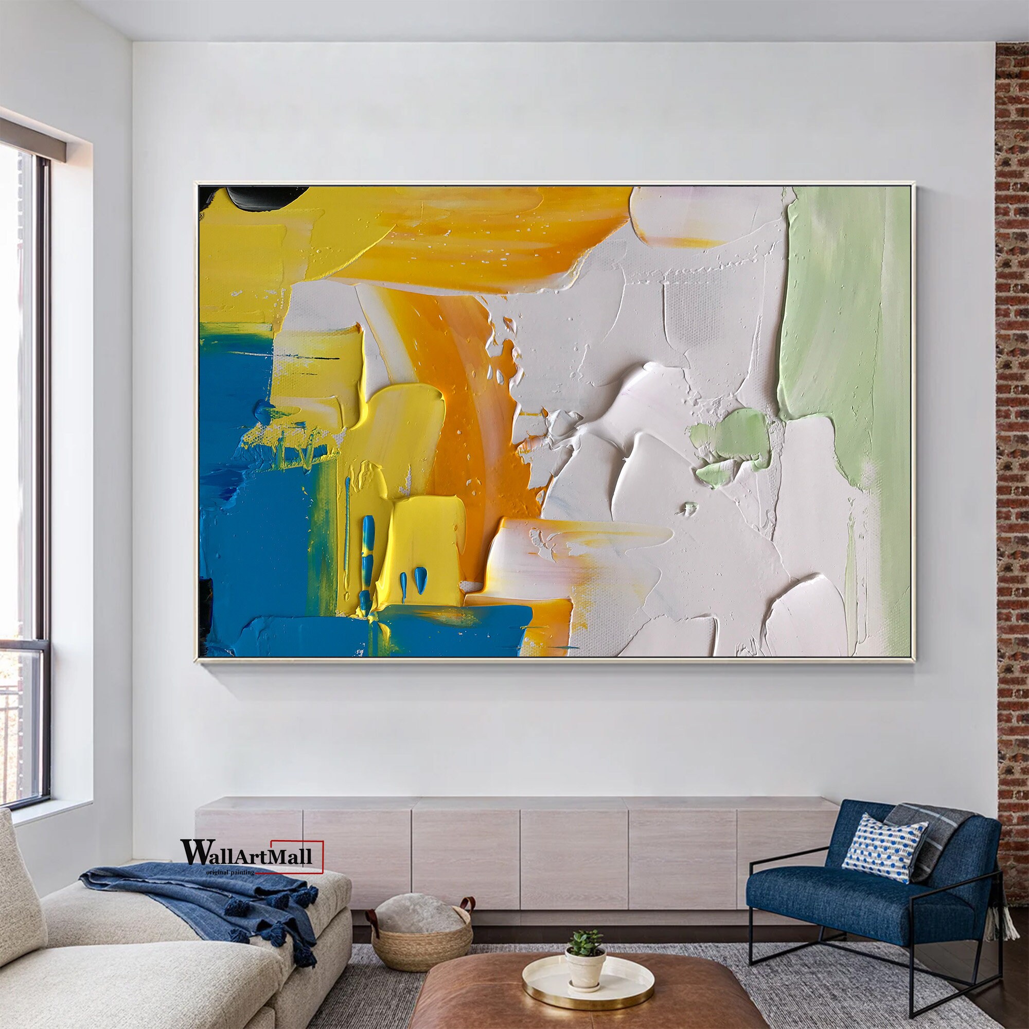 Large Minimal Abstract Painting White Texture Abstract Painting Yellow ...