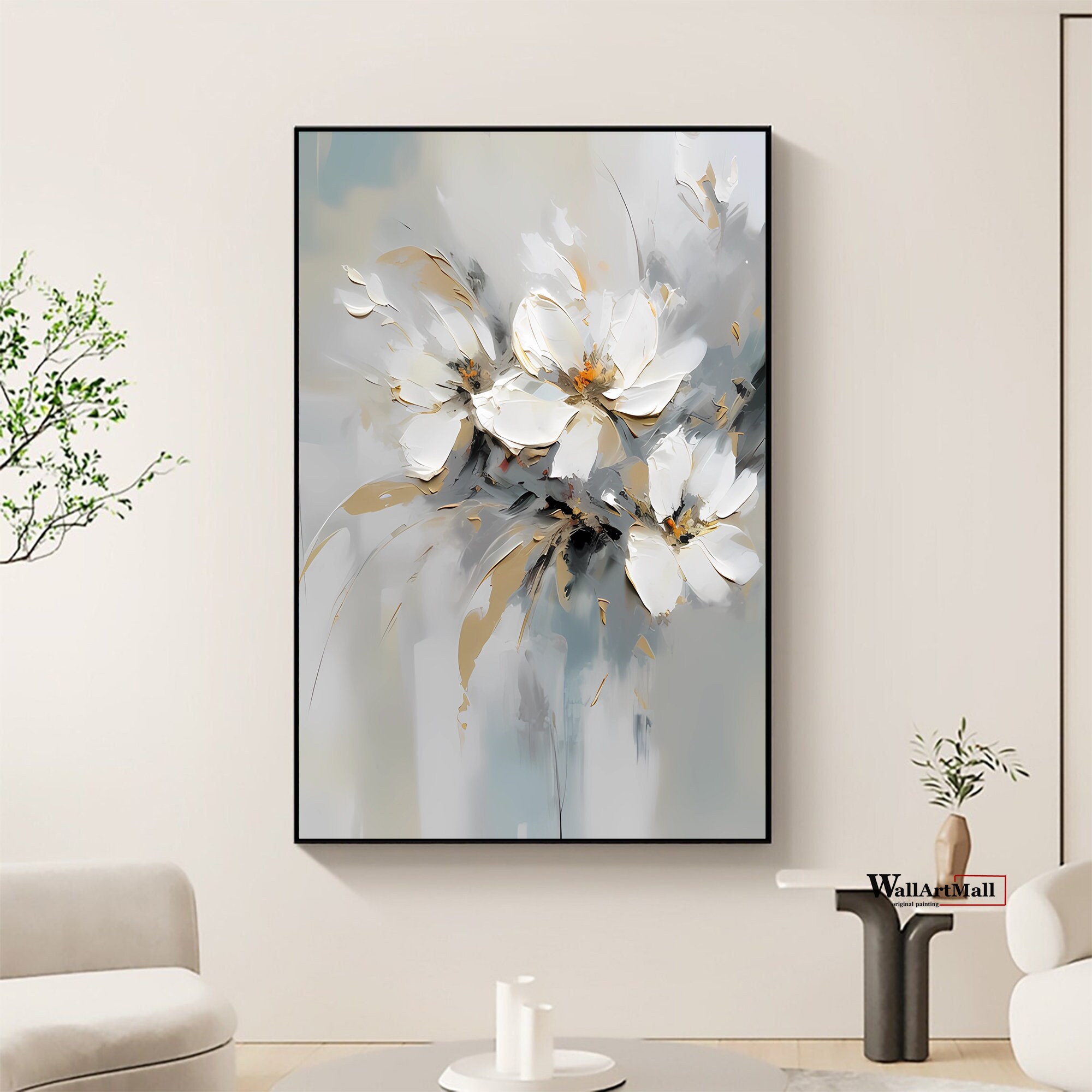 Große abstrakte weiße Blume Malerei auf Leinwand Original Messer Malerei Blumen Malerei graue ...