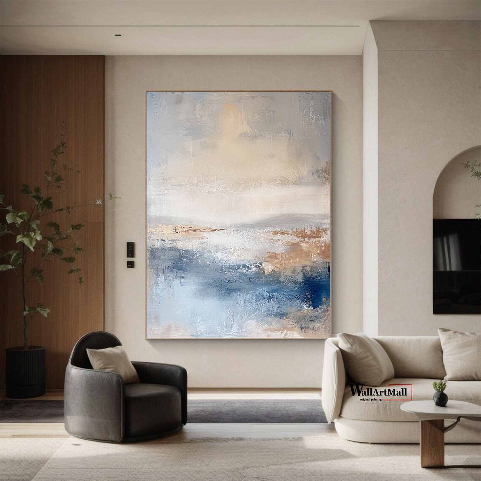 Large Blue Canvas Minimalist Painting Blue and Beige Abstract Wall Art ...