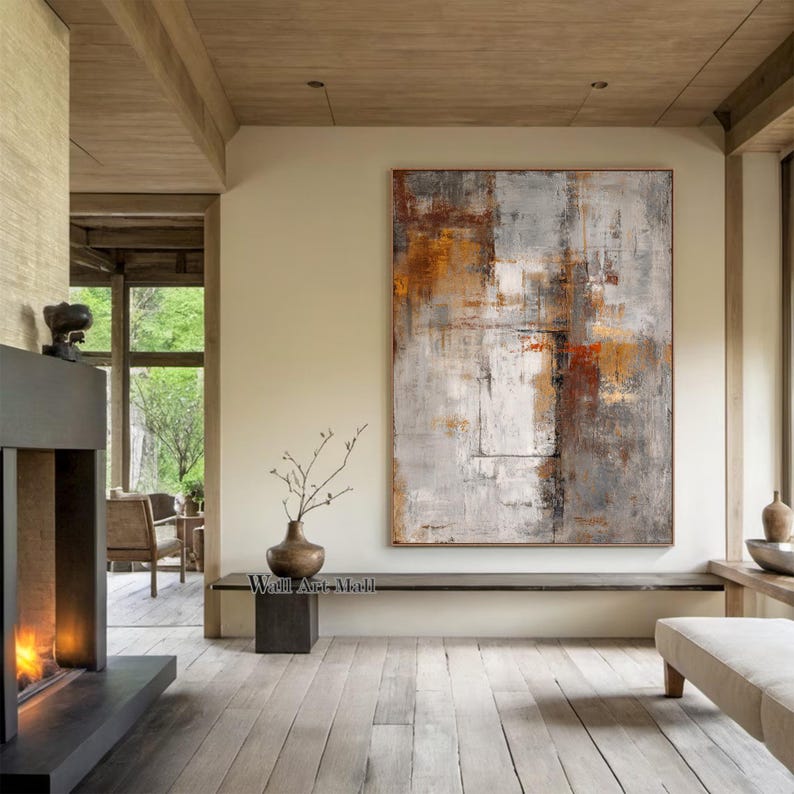 Large Tan Minimalist Wabi-sabi Painting Gray Texture Abstract Oil ...